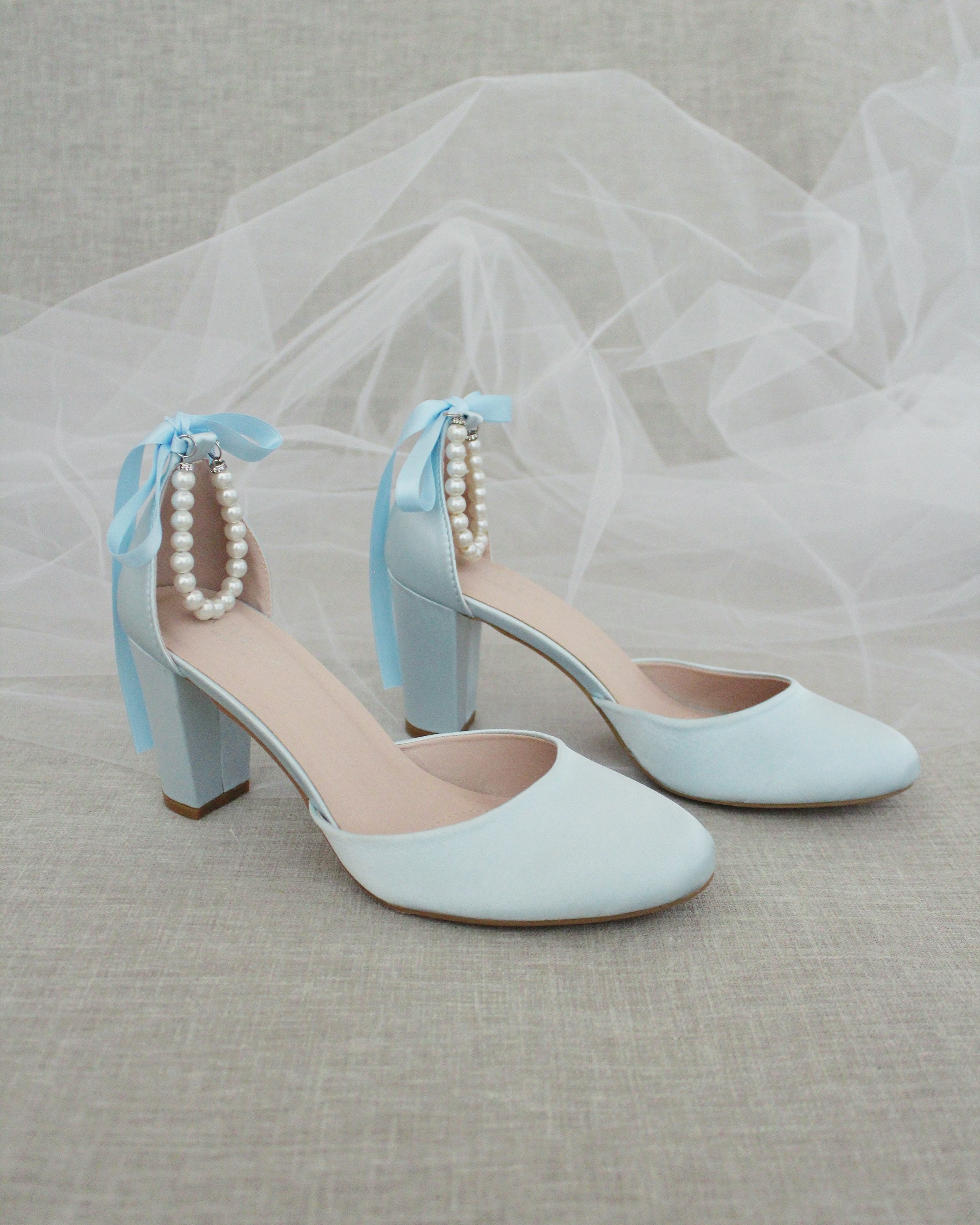 Light Blue Satin Block Heel With All Pearls Ankle Strap, Women Wedding ...