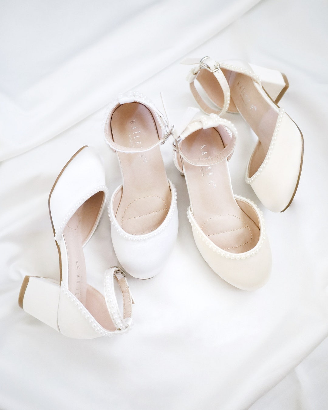 Girls White Satin Block Heel With Mini Pearls, Flower Girls Shoes ...