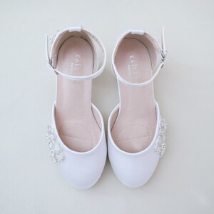 Girls White Satin Block Heel With Rhinestones Chassia Flowers, Flower ...