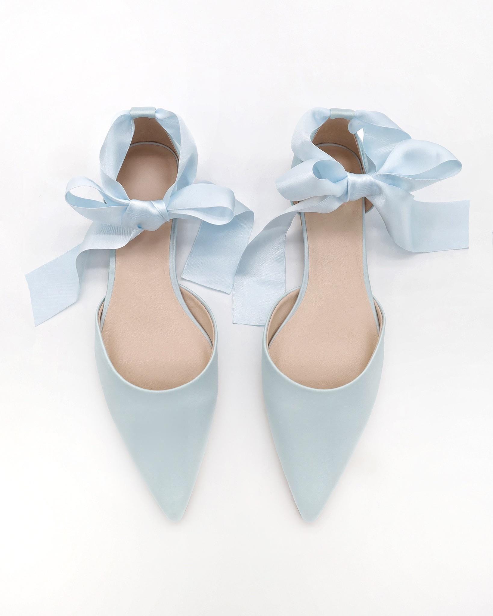 Light Blue Satin Pointy Toe Flats With Satin ANKLE TIE or BALLERINA ...