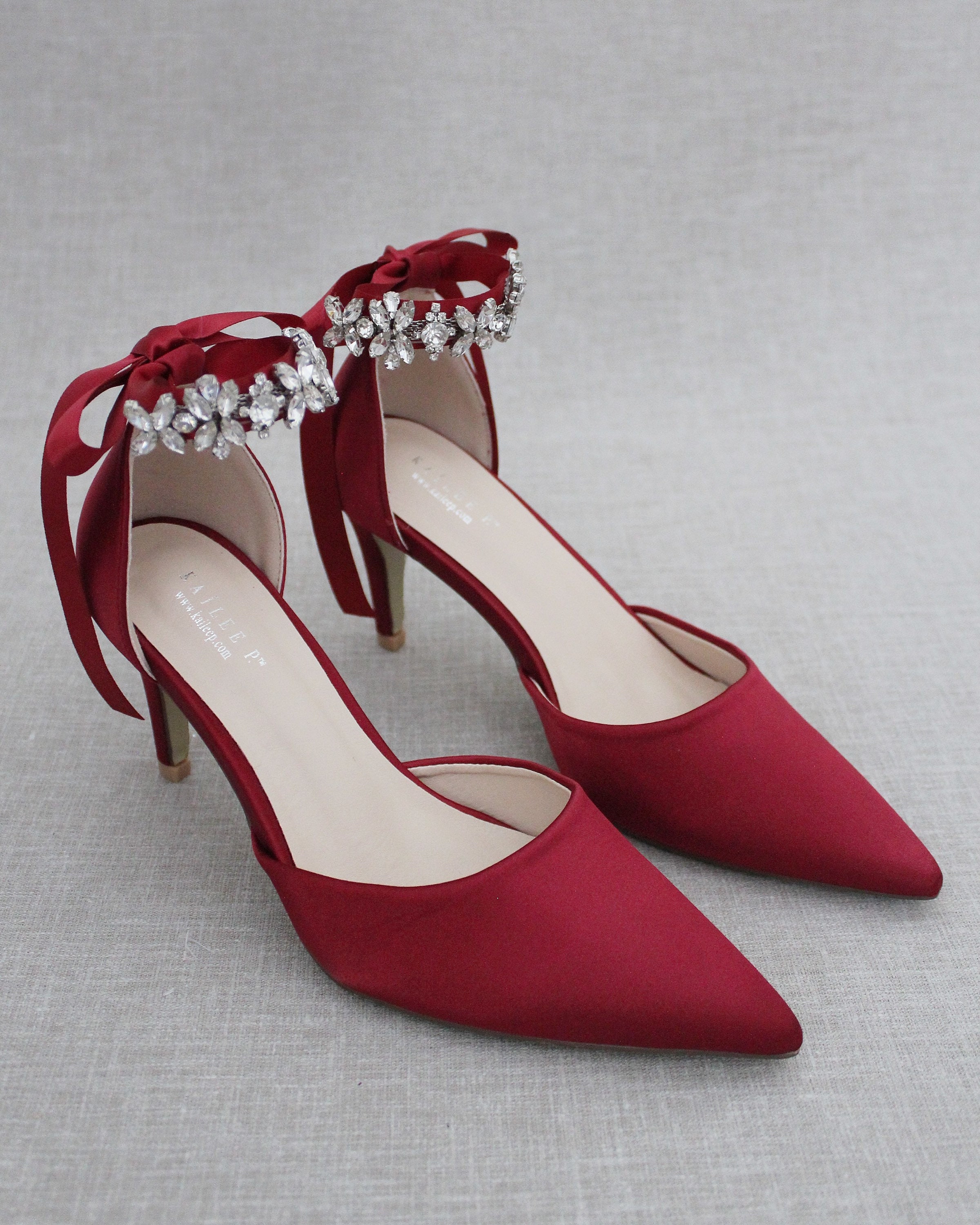 Burgundy Satin Pointy Toe HEELS with FLORAL RHINESTONES Ankle | Etsy