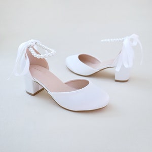 Girls White Satin Block Heel With All Pearls Ankle Strap, Flower Girls ...
