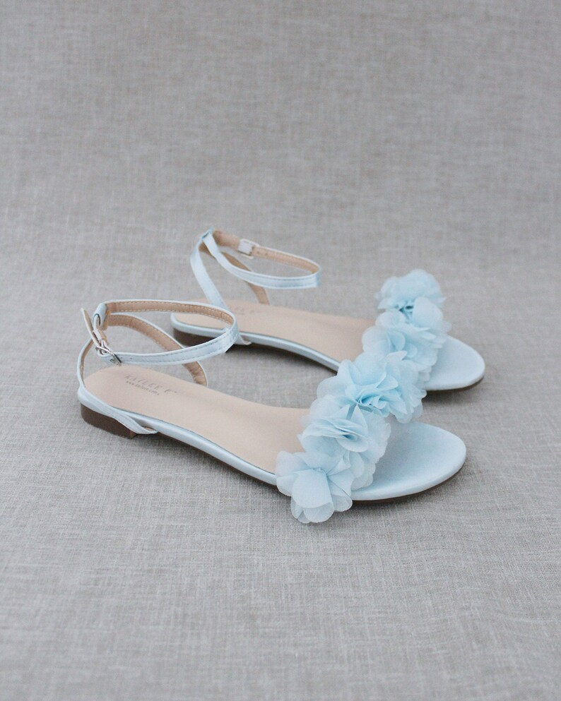 Light Blue Satin Flat Sandal With CHIFFON FLOWERS Bridesmaid - Etsy