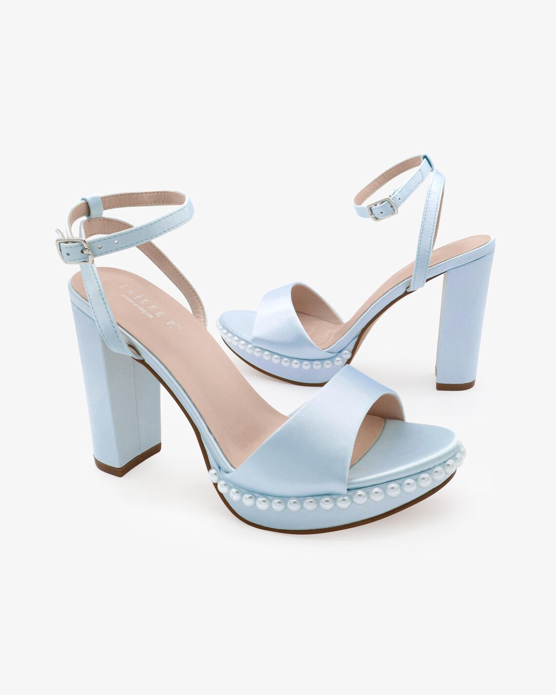 Light Blue Satin Platform Block Heel Evening Sandals With Pearls ...