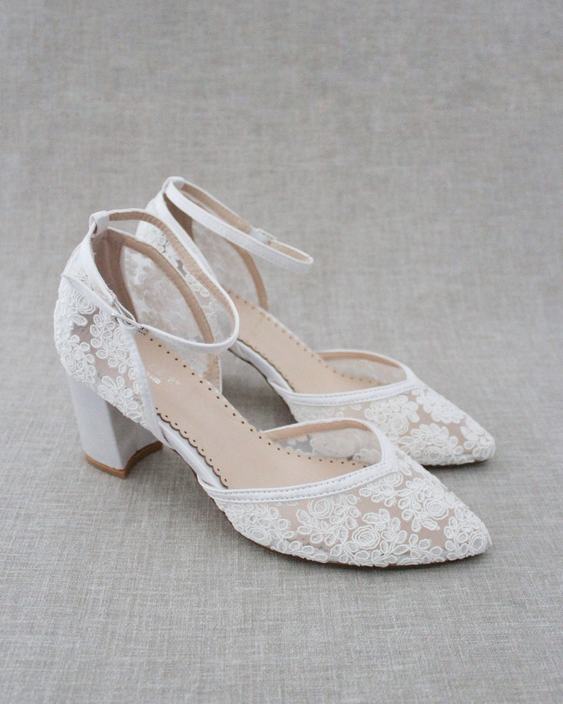 White Crochet Lace Almond Toe Block Heel With Pearl Ankle - Etsy