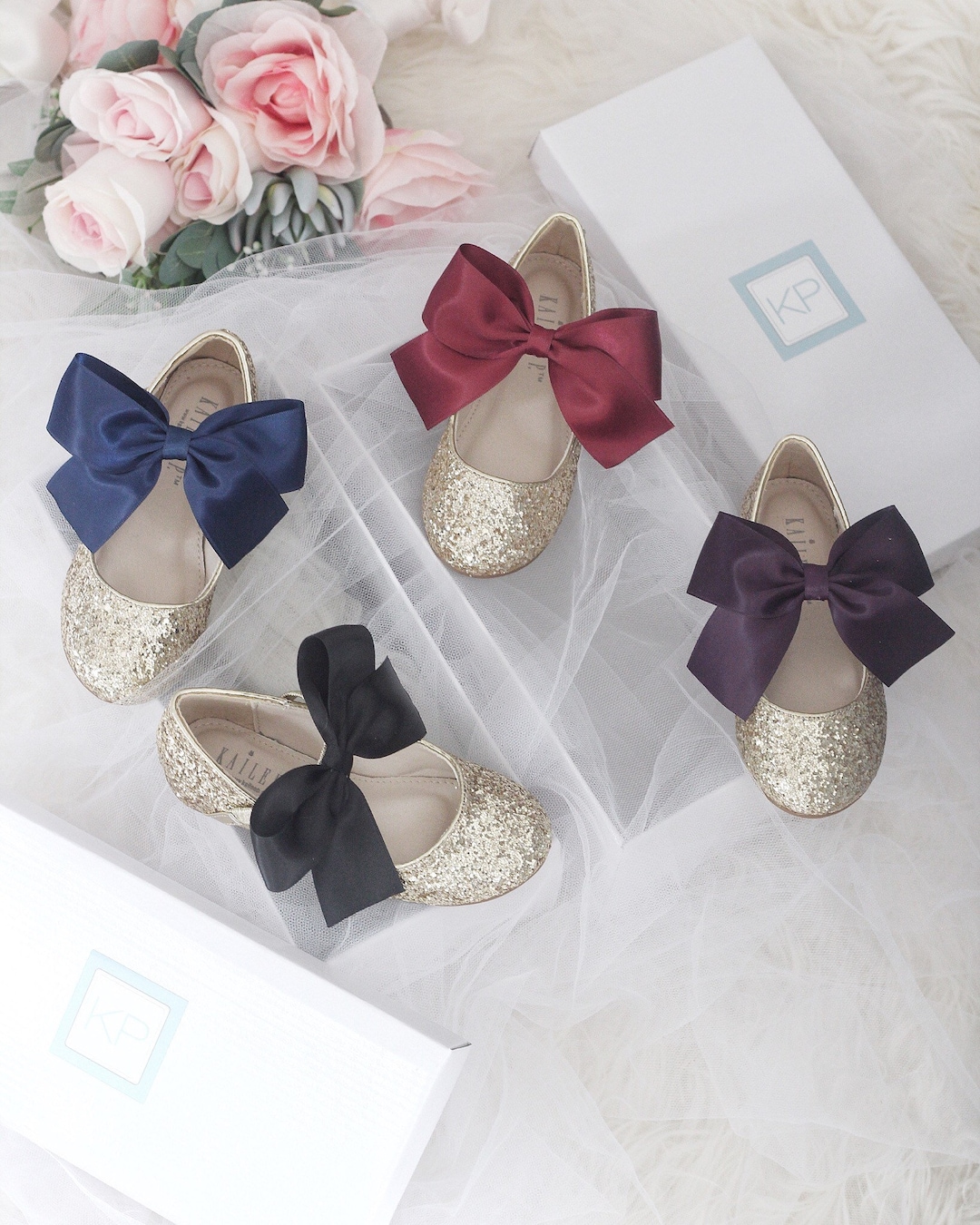 Gold Rock Glitter Mary Jane Flats With Satin Bow - Flower Girls Shoes ...