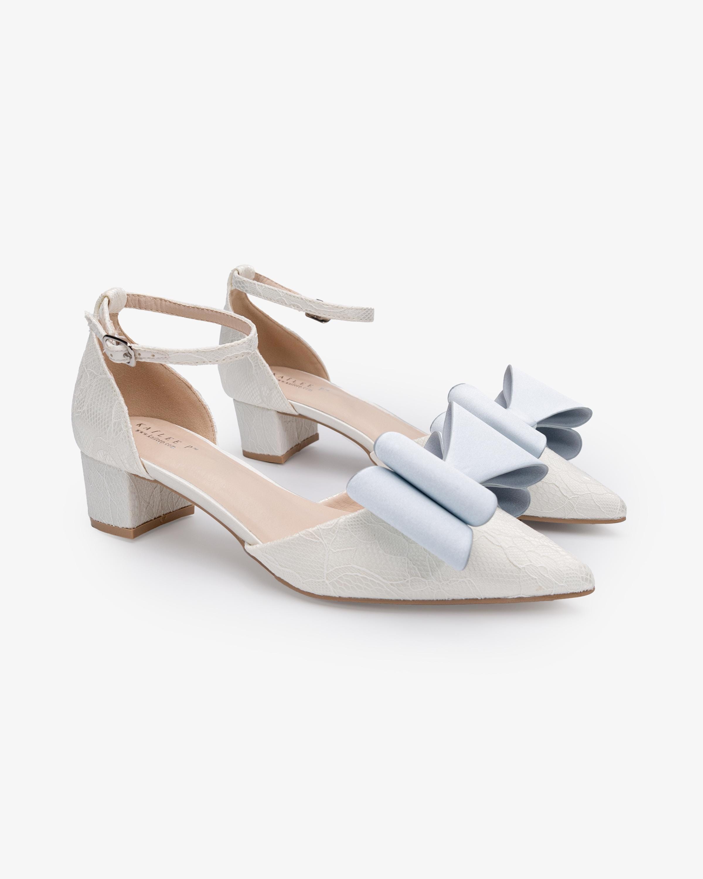 Ivory & White Lace Pointy Toe Low Block Heels Wedding Shoes With Light ...