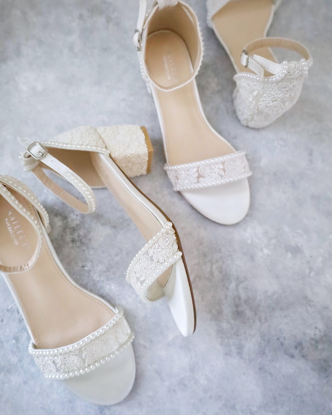 Crochet Lace Block Heel Wedding Sandals With Mini Pearls - Bridesmaid ...