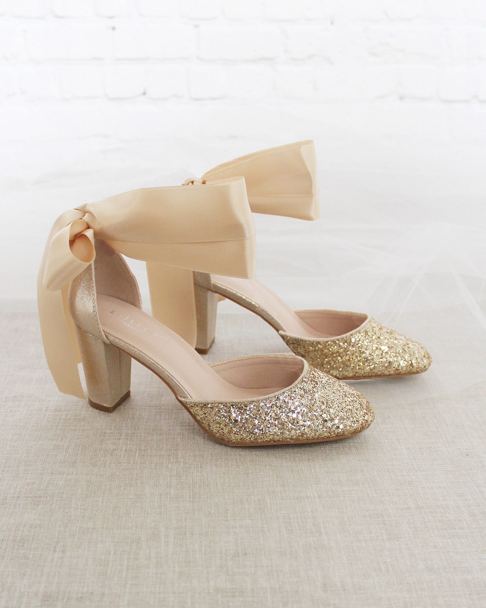 Gold Rock Glitter Block Heel with with WRAPPED SATIN TIE | Etsy