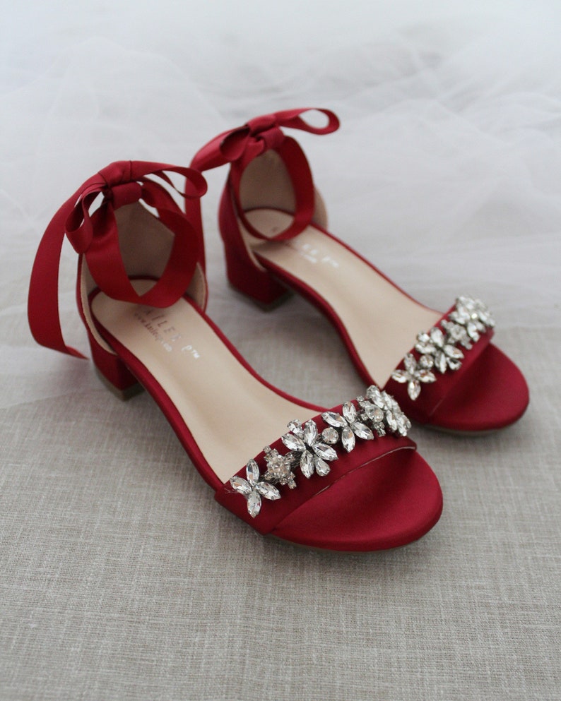 Burgundy Satin Block Heel Sandal With FLORAL RHINESTONES Upper - Etsy