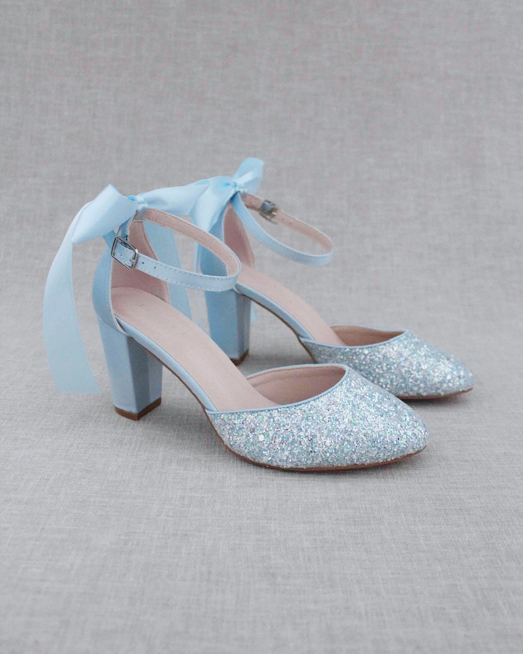 Light Blue Rock Glitter Block Heel With SATIN BACK BOW, Women Wedding ...
