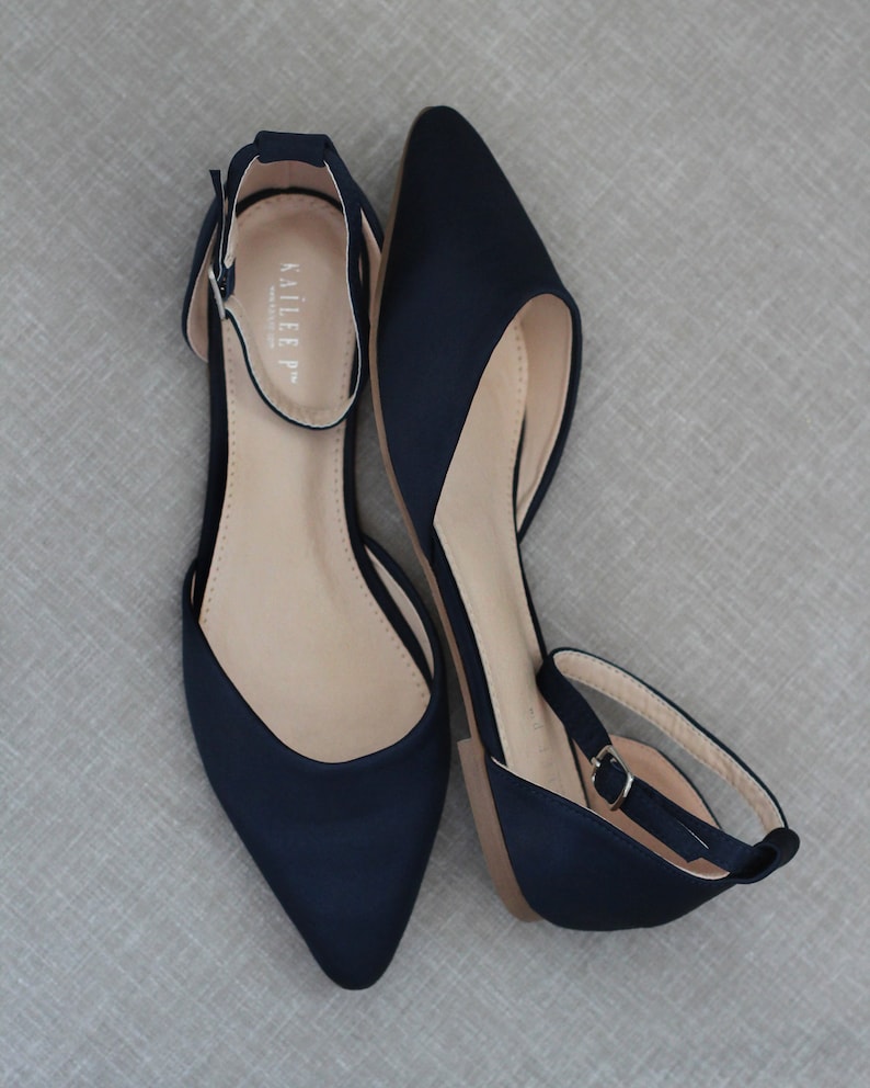 Navy Blue Satin Pointy Toe Flats With Satin ANKLE TIE or BALLERINA Lace ...
