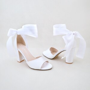 White Satin Block Heel Wedding Sandals With Wrapped Ribbon Tie - Women ...