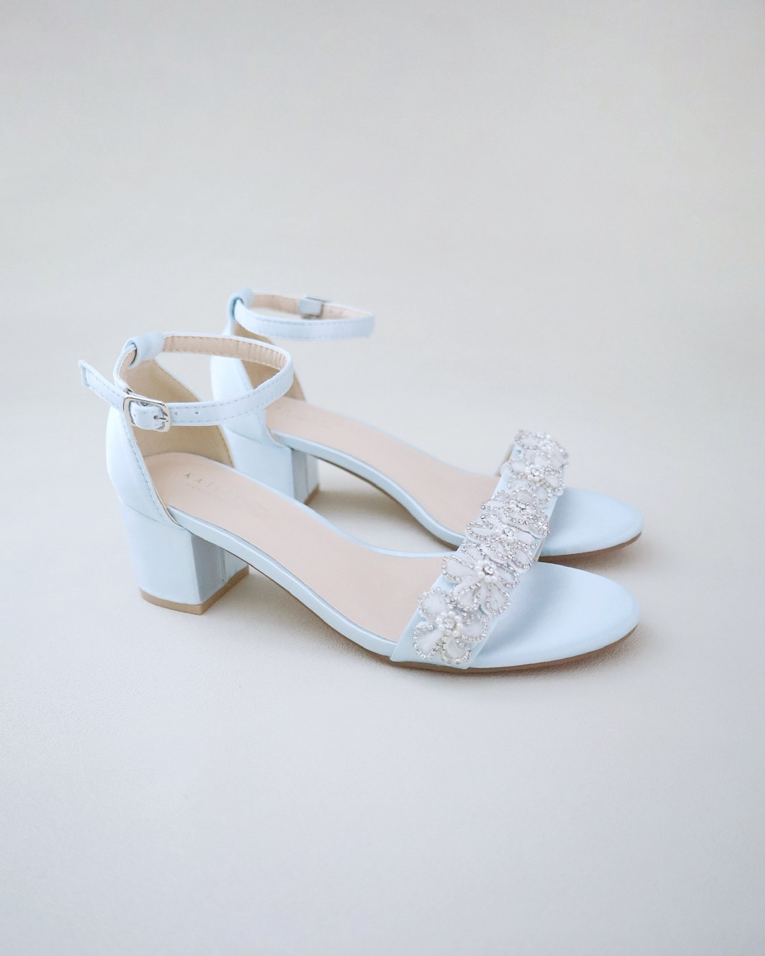 Light Blue Satin Block Heel Sandal With Rhinestones Chassia Flower ...