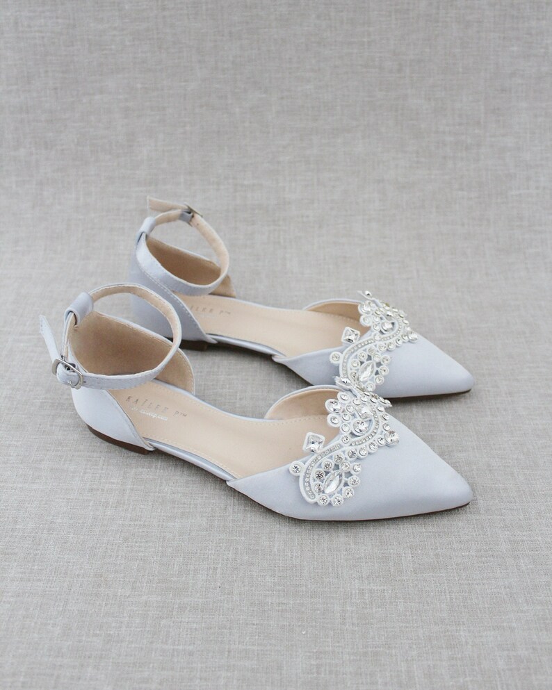 Silver Satin Pointy Toe Flats With Sparkly RHINESTONES APPLIQUE , Women ...