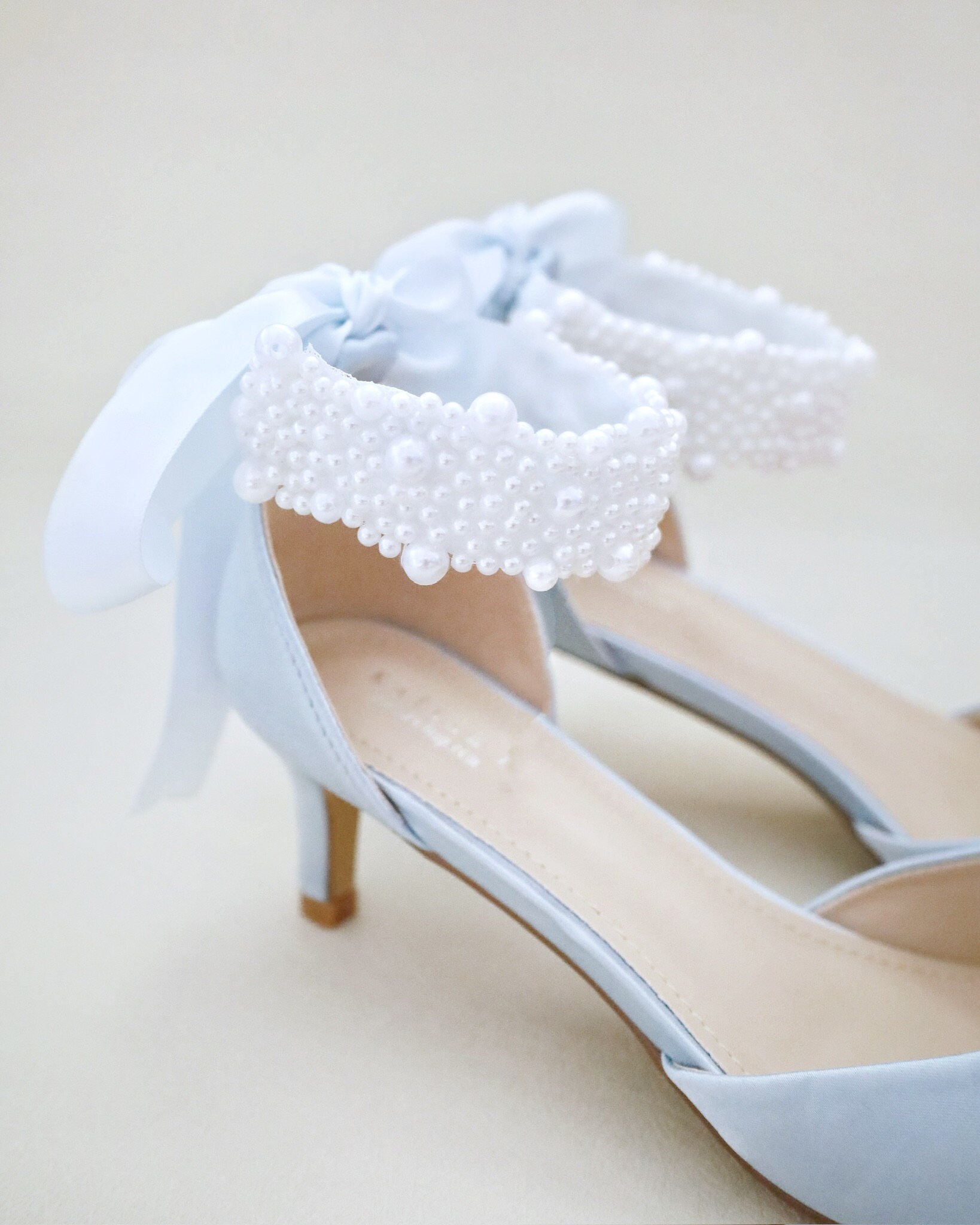 Light Blue Satin Pointy Toe Low Heels With Perla Ankle Strap, Bridal ...