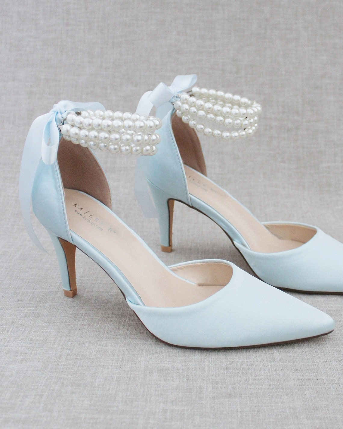 Light Blue Satin Pointy Toe Heels With Trinity Pearls Ankle Strap ...