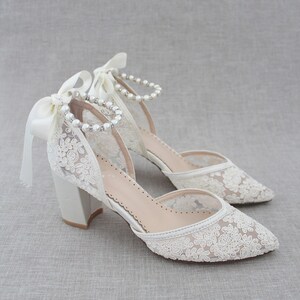 Ivory Crochet Lace Almond Toe Block Heel With Pearl Ankle - Etsy