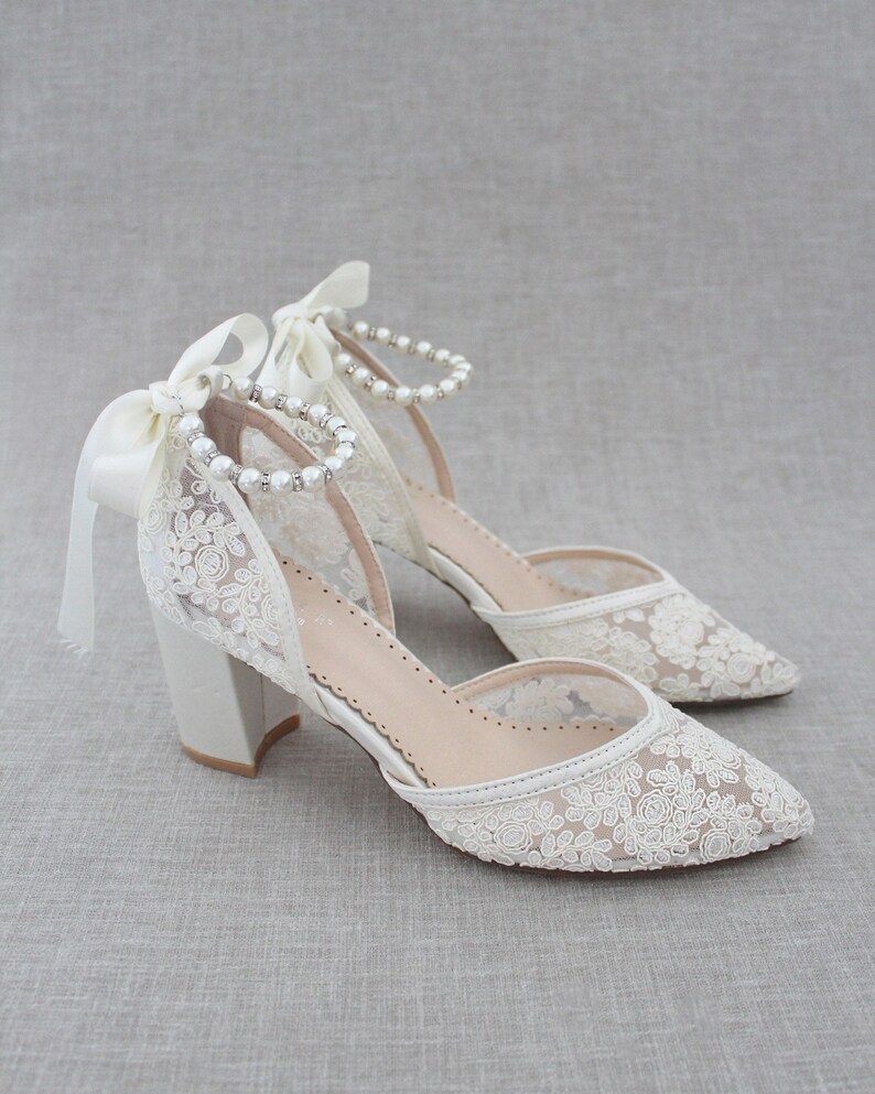 Ivory Crochet Lace Almond Toe Block Heel With Pearl Ankle - Etsy