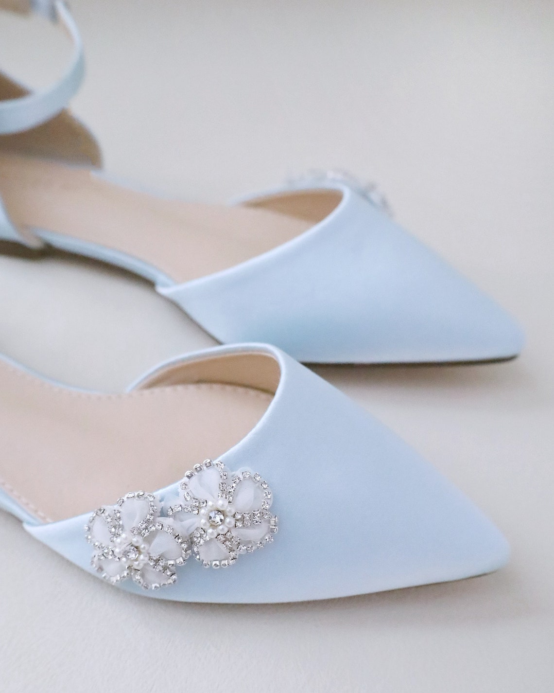 Light Blue Satin Pointy Toe Flats With Rhinestones Chassia Flower ...