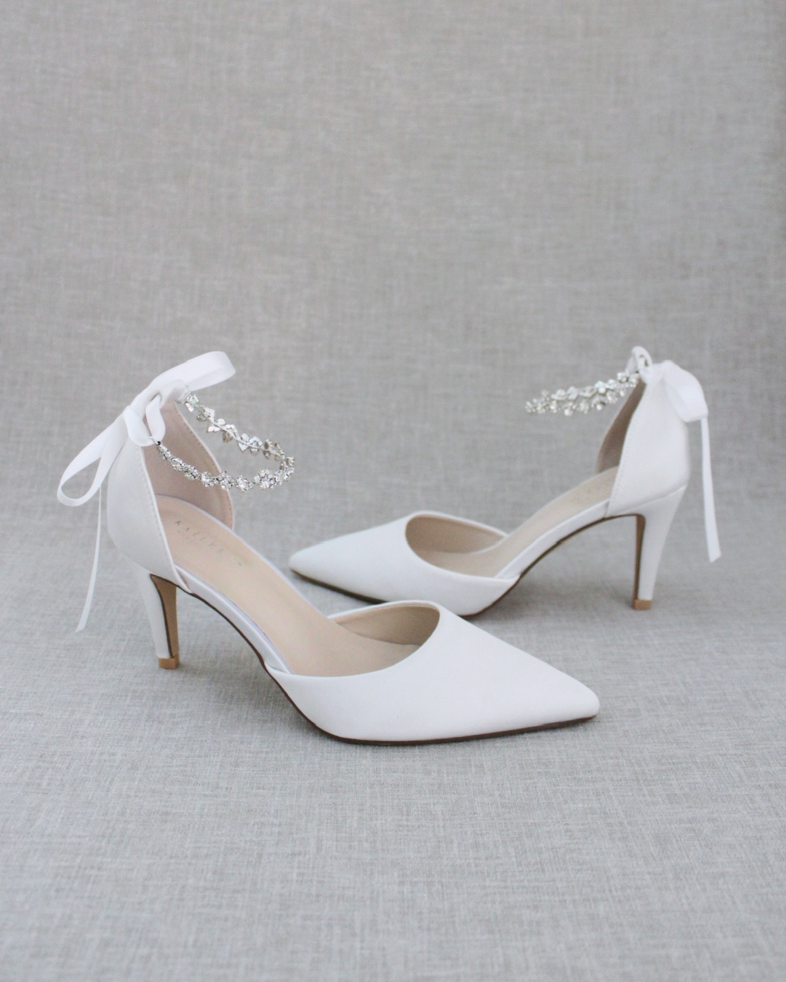 White Satin Pointy Toe HEELS With Amaryllis Crystal Strap - Etsy