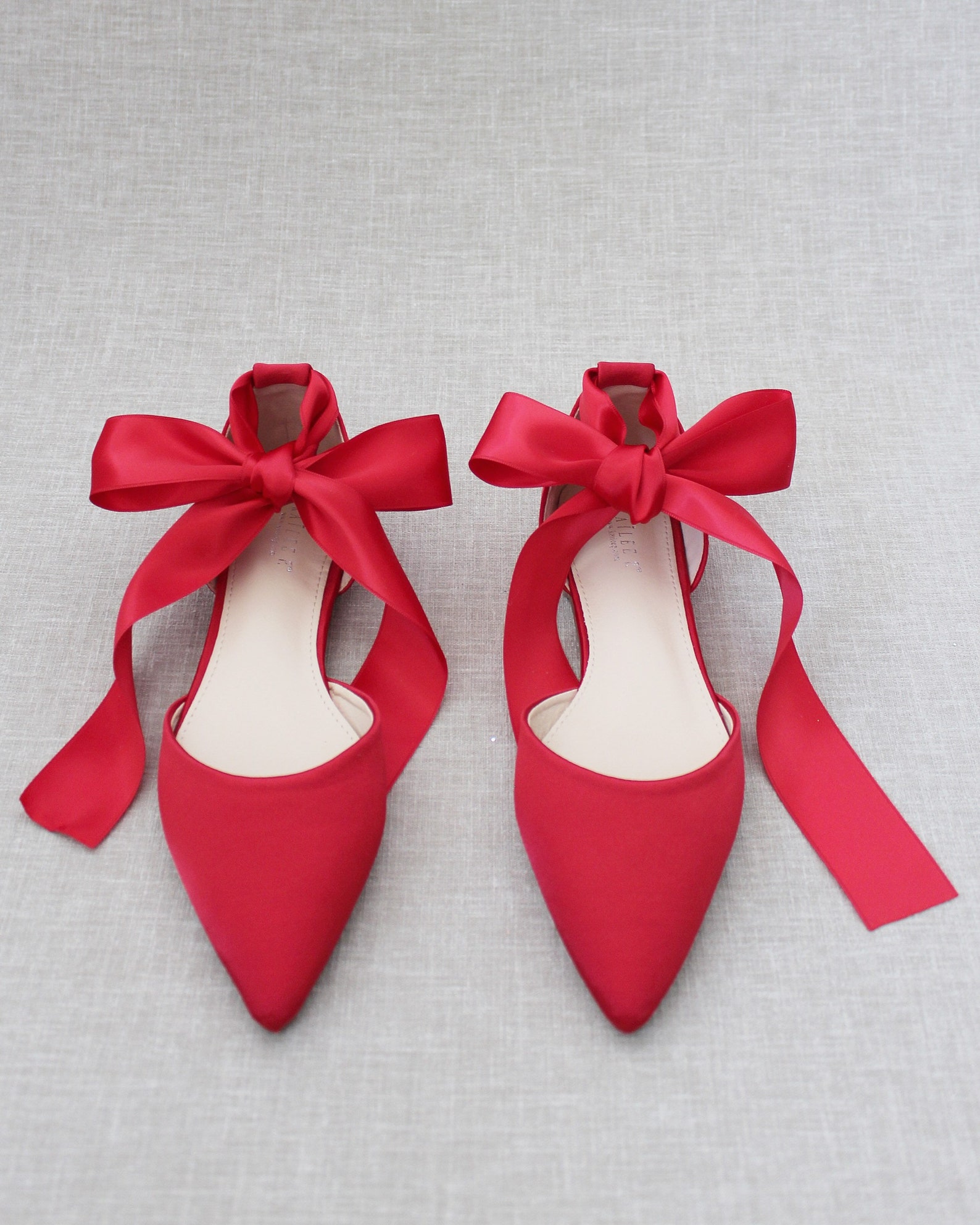 Red Satin Pointy Toe Flats With Satin ANKLE TIE or BALLERINA | Etsy