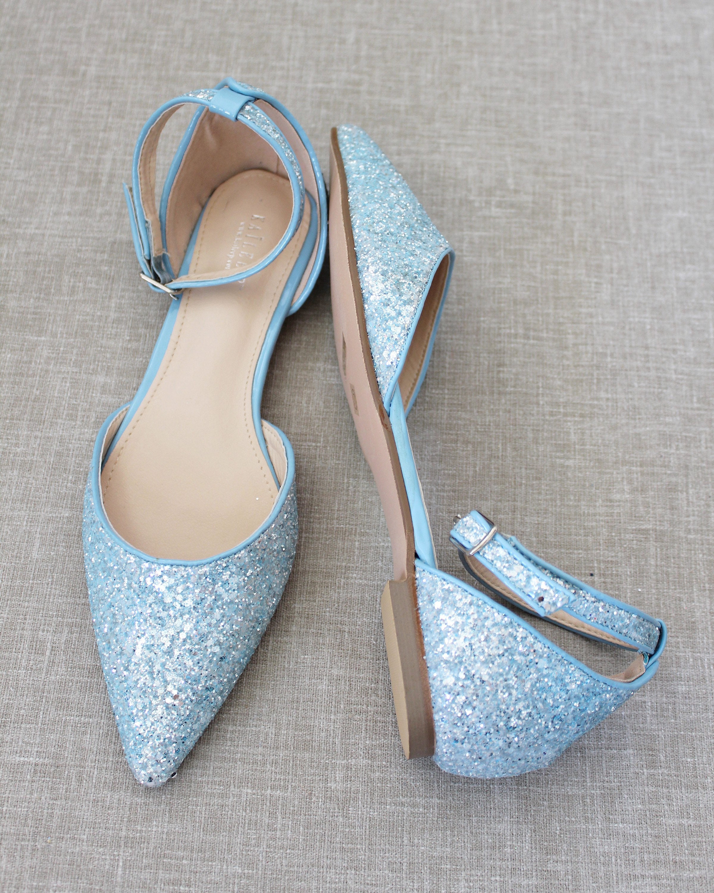 Light Blue Rock Glitter Pointy Toe Flats With Ankle Strap & - Etsy