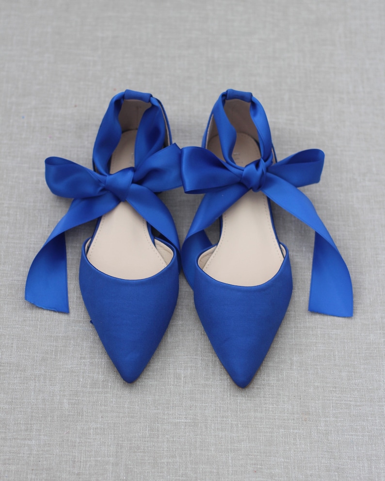 Royal Blue Satin Pointy Toe Flats With Satin ANKLE TIE or BALLERINA ...