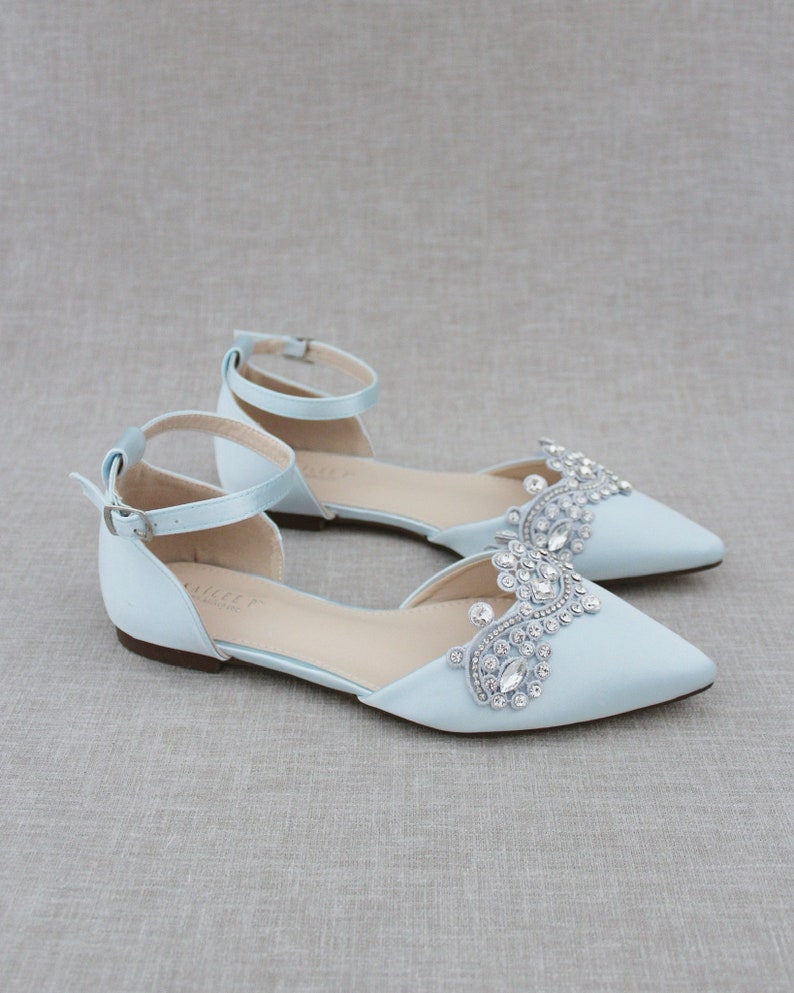 Light Blue Satin Pointy Toe Flats With Sparkly RHINESTONES - Etsy