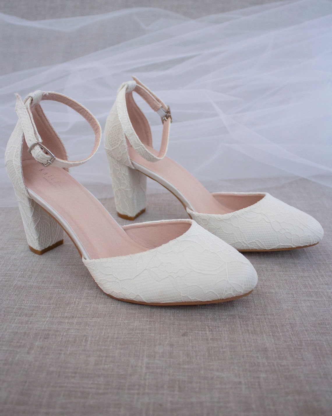 Ivory Lace Block Heel With SATIN BACK BOW Women Wedding | Etsy