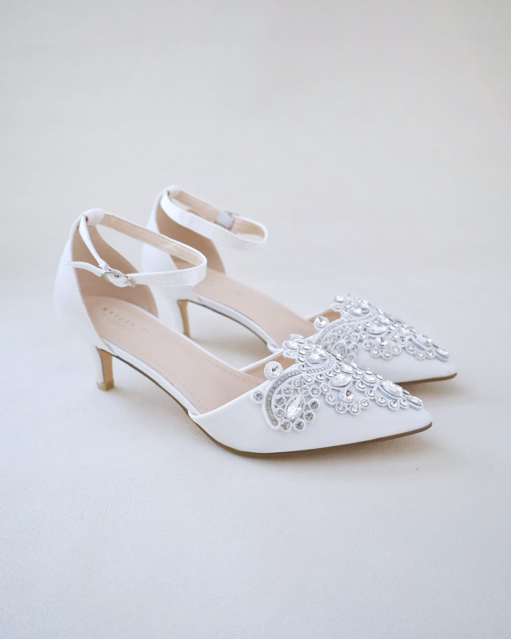 White Satin Pointy Toe Low Heels With Rhinestones Applique, Fall ...