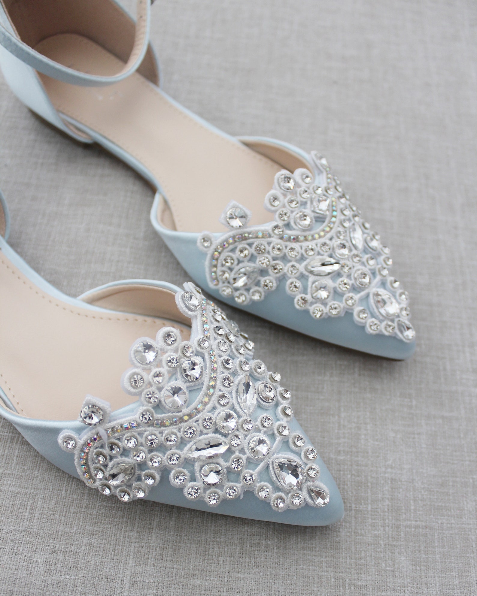 Light Blue Satin Pointy Toe Flats With Sparkly RHINESTONES - Etsy