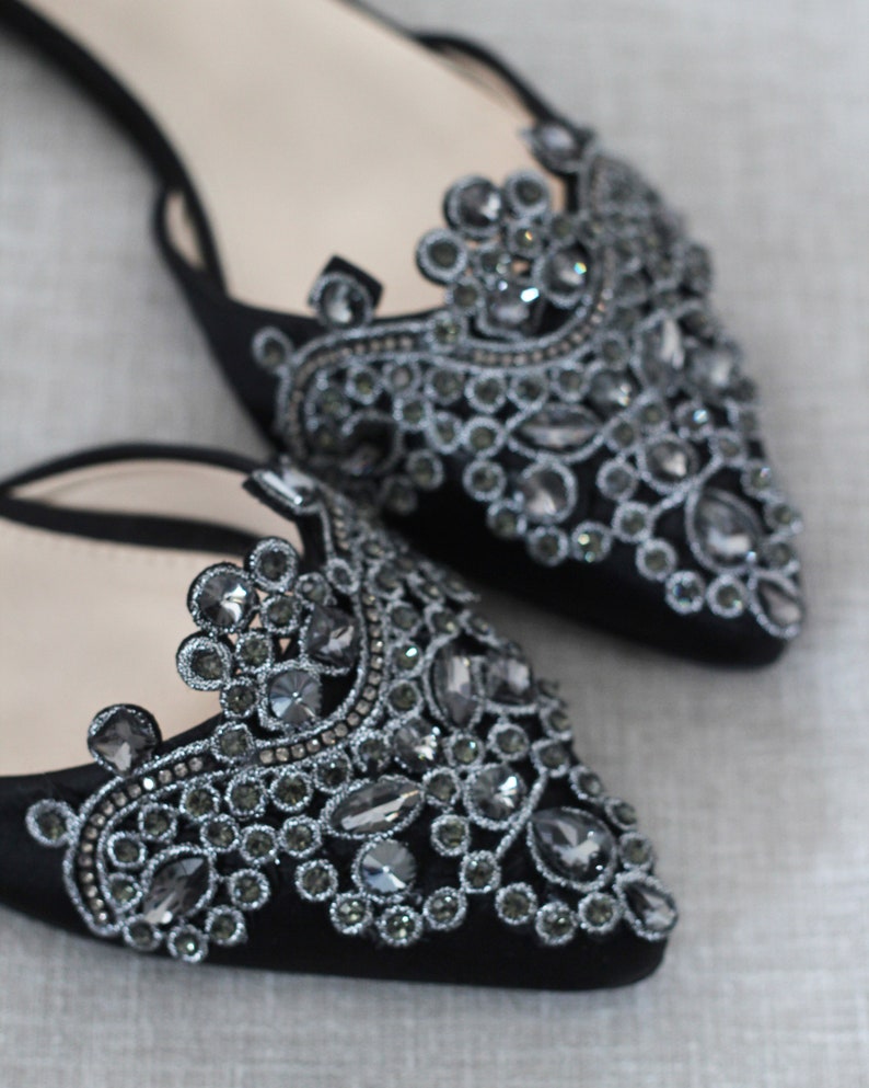 Black Pointy Toe Flats With Sparkly OVERSIZED RHINESTONE APPLIQUE, Fall ...