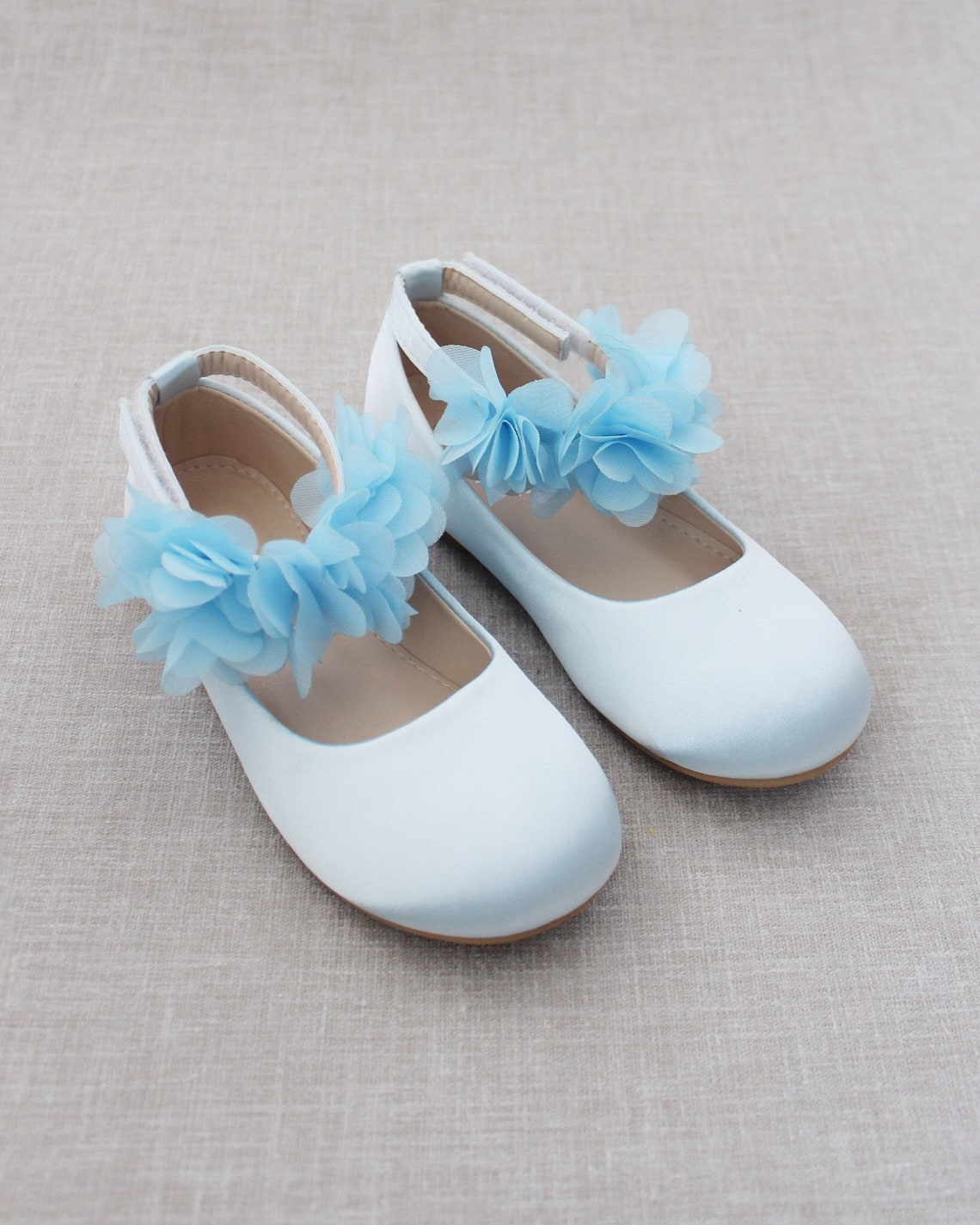Light Blue Satin Flats With Chiffon Flowers Ankle Strap | Etsy