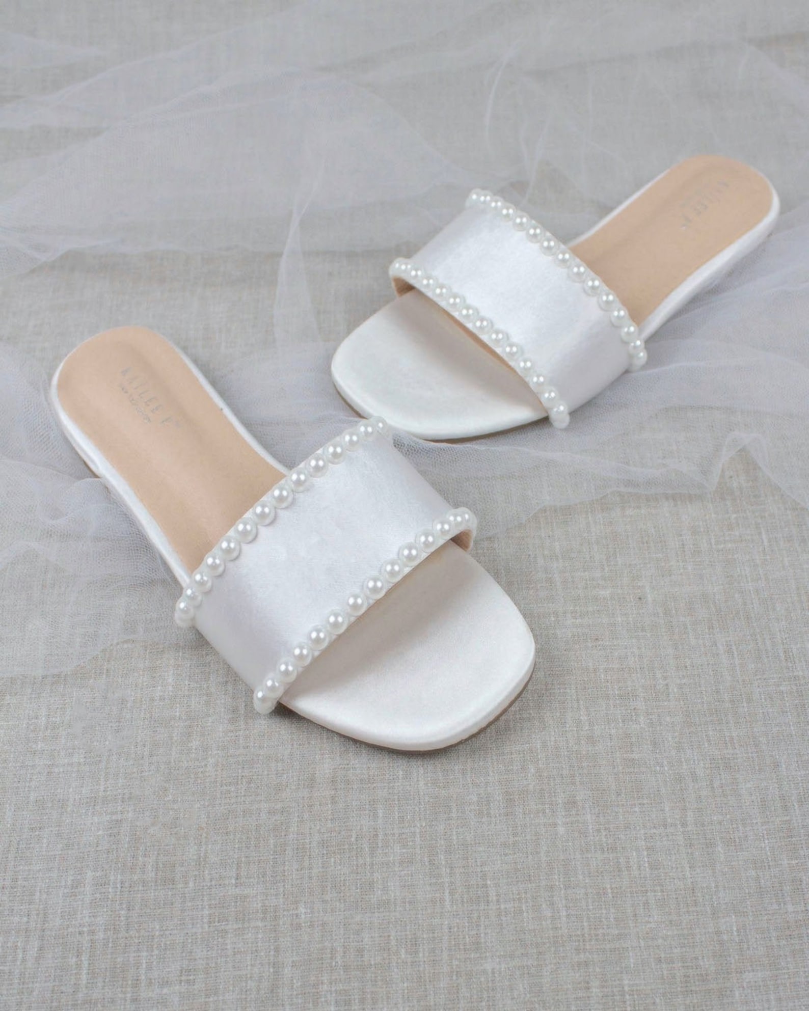 White Satin Slip on Sandals With Pearls, Bridal Sandals, Bridesmaids ...