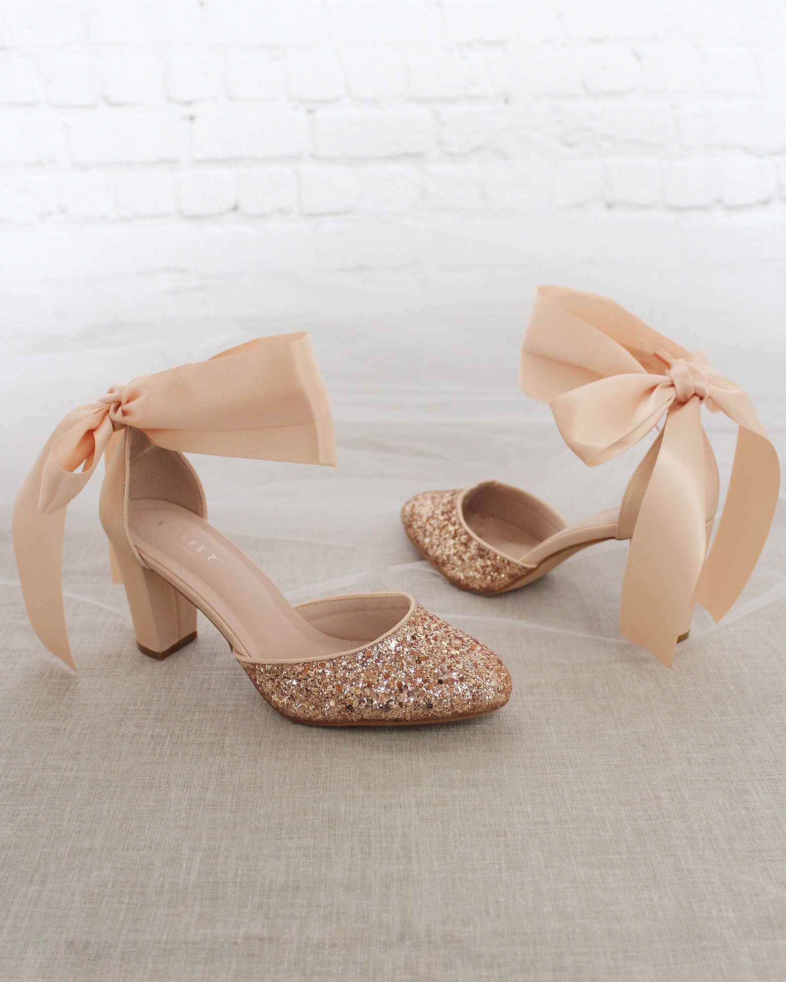 Rose Gold Rock Glitter Block Heel with Blush WRAPPED SATIN | Etsy