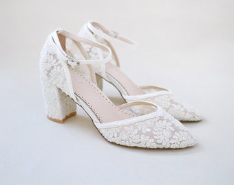 Ivory Crochet Lace Block Heel Wedding Sandals With Wrapped Ankle Tie ...