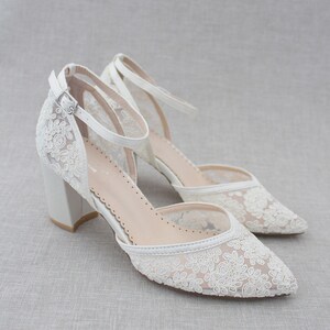 Ivory Crochet Lace Almond Toe Block Heel With Pearl Ankle - Etsy