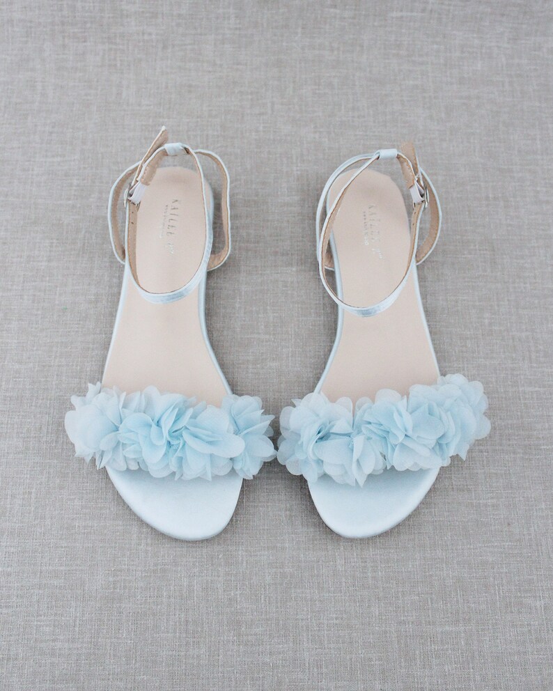 Light Blue Satin Flat Sandal With CHIFFON FLOWERS Bridesmaid - Etsy