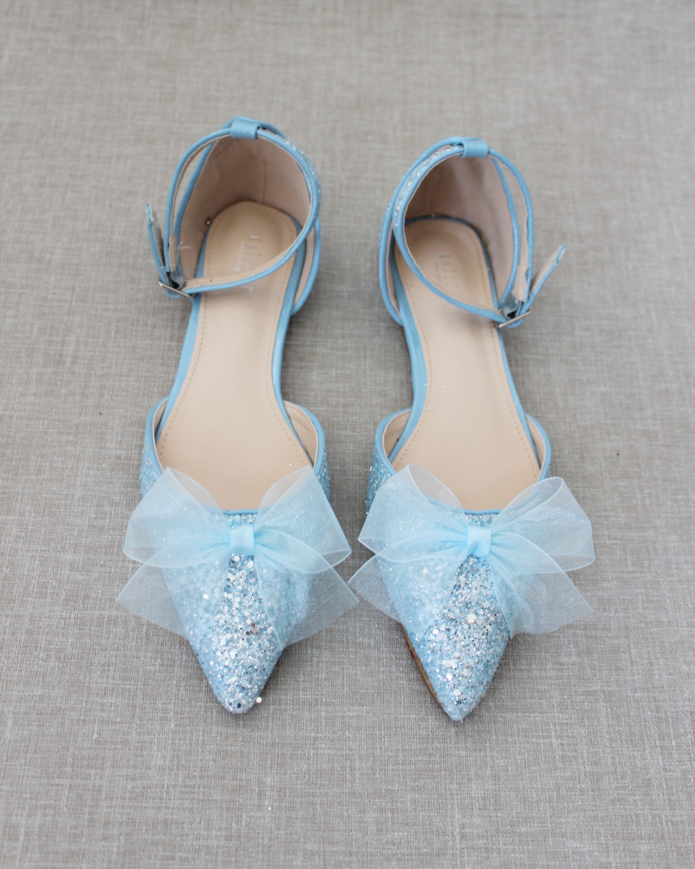 Light Blue Rock Glitter Pointy Toe Flats With Ankle Strap & Organza Bow ...