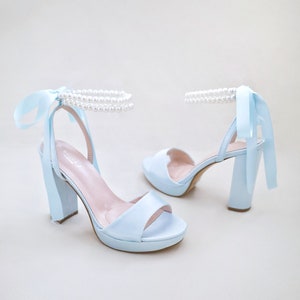 Light Blue Satin Platform Block Heel Wedding Sandals With Double Pearls ...
