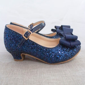 NAVY Rock Glitter Mary Jane Heel With Grosgrain Bow, Flower Girl Shoes ...