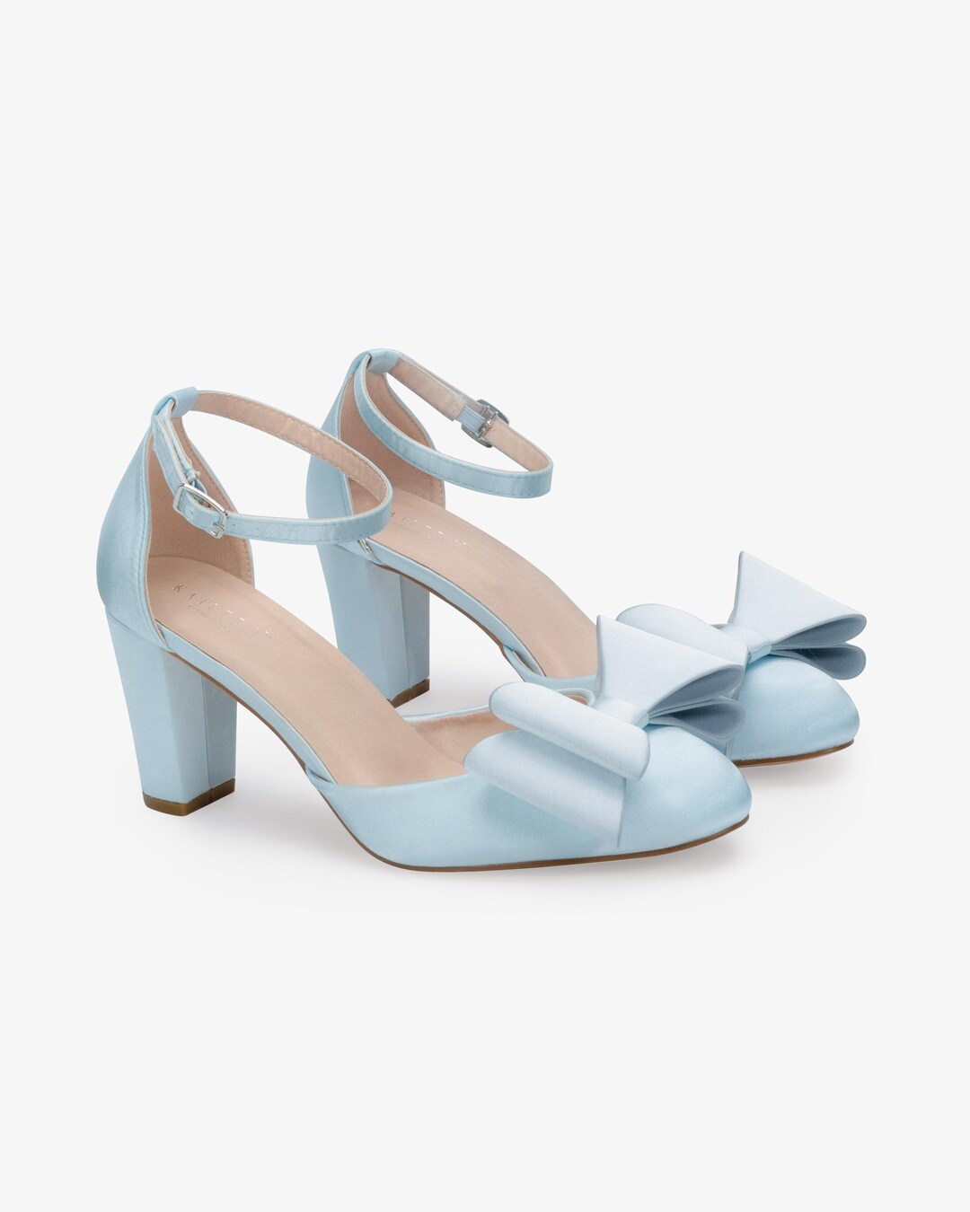 Light Blue Satin Wedding Block Heel With Front Tuxie Bow, Women Wedding ...