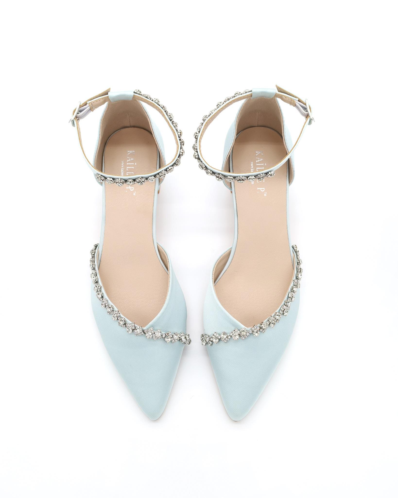Light Blue Satin Pointy Toe Low Block Heels Wedding Shoes With ...