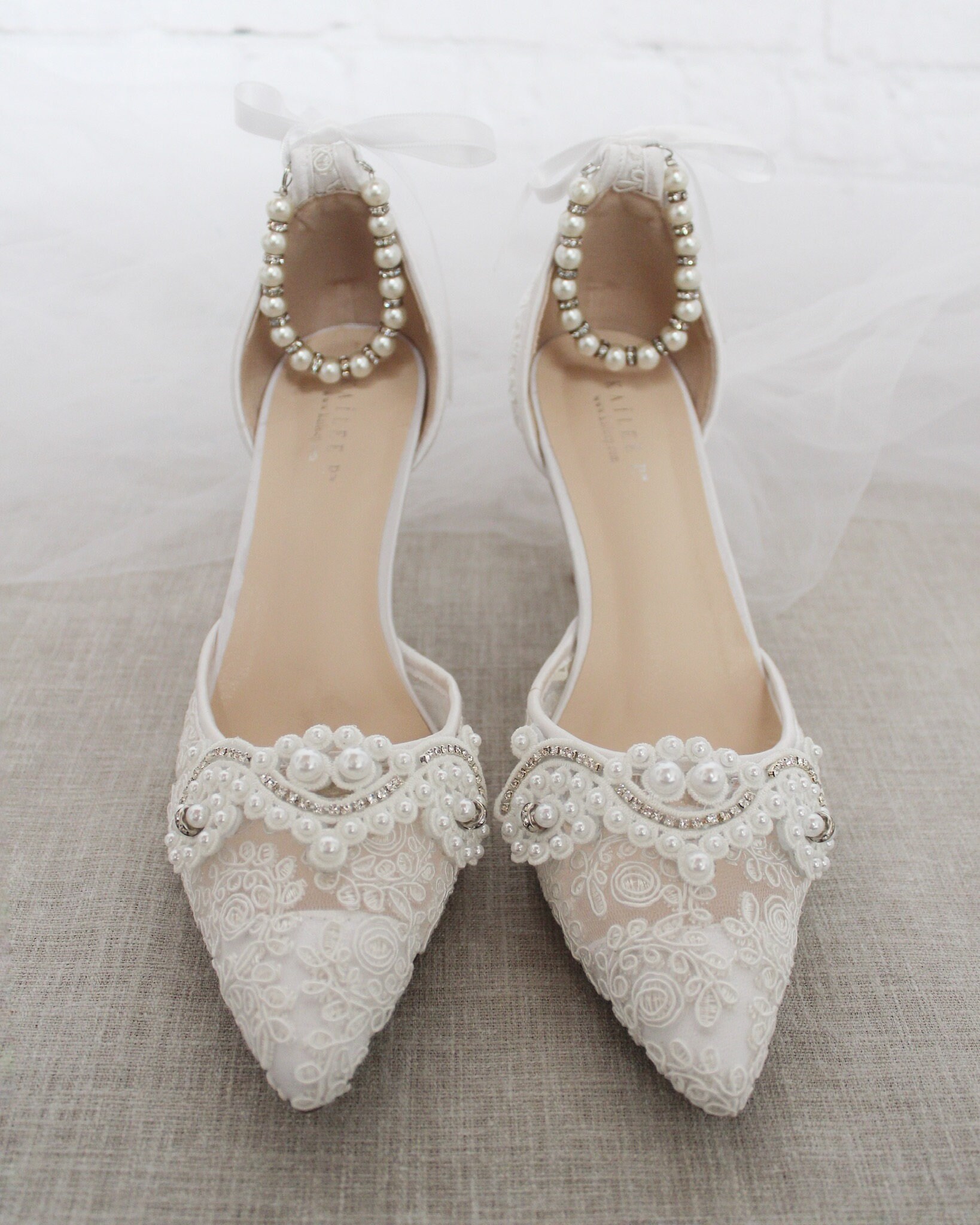 White Crochet Lace Pointy toe HEELS with Small Pearls | Etsy