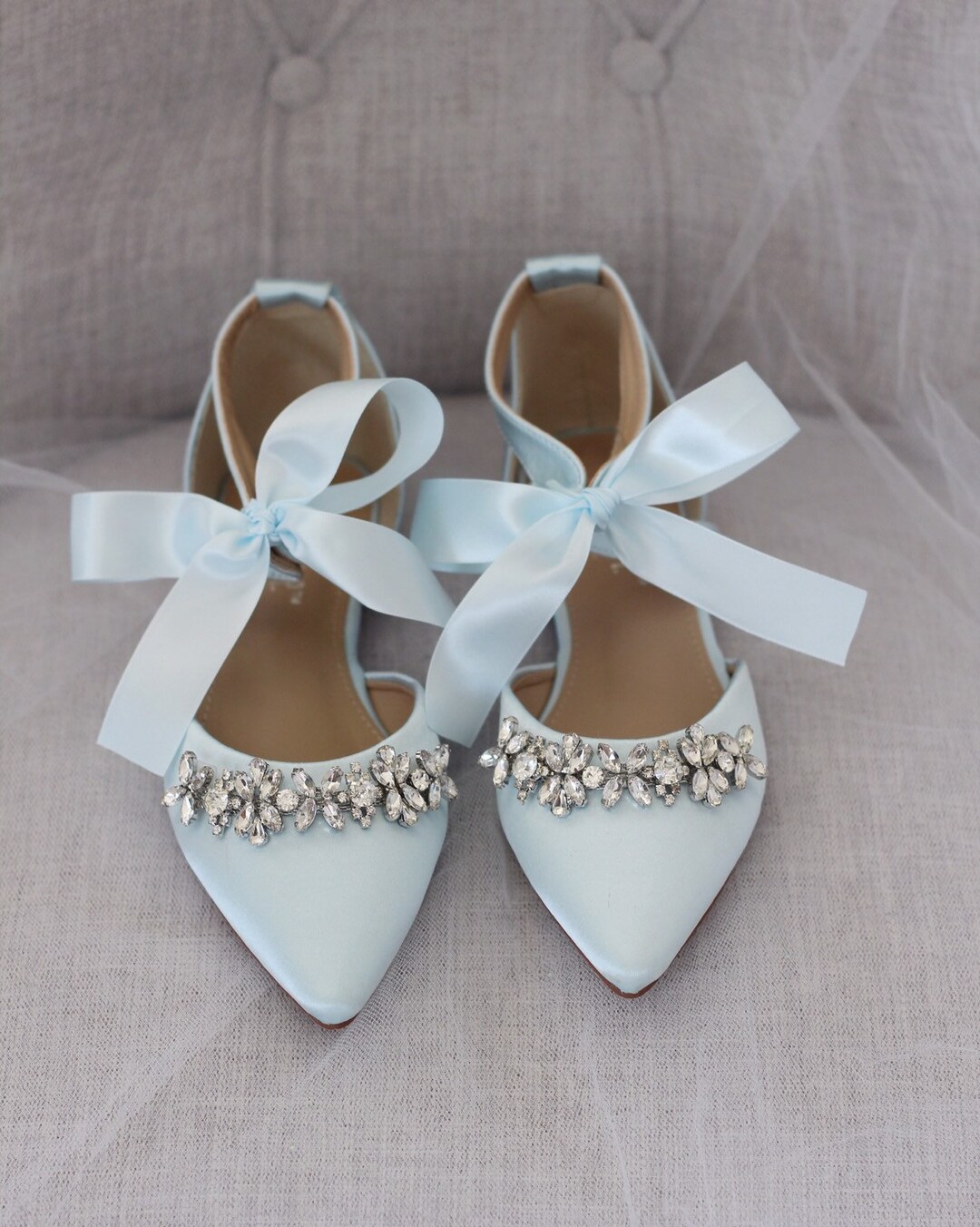 Light Blue Satin Pointy Toe Flats With FLORAL RHINESTONES and - Etsy