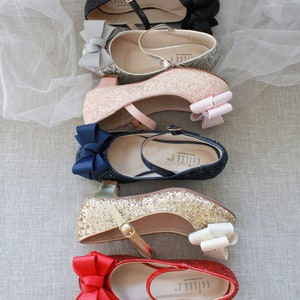 NAVY Rock Glitter Mary Jane Heel With Grosgrain Bow, Flower Girl Shoes ...