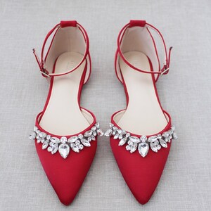 Red Satin Pointy Toe Flats With Sparkly TEARDROP RHINESTONES, Fall ...