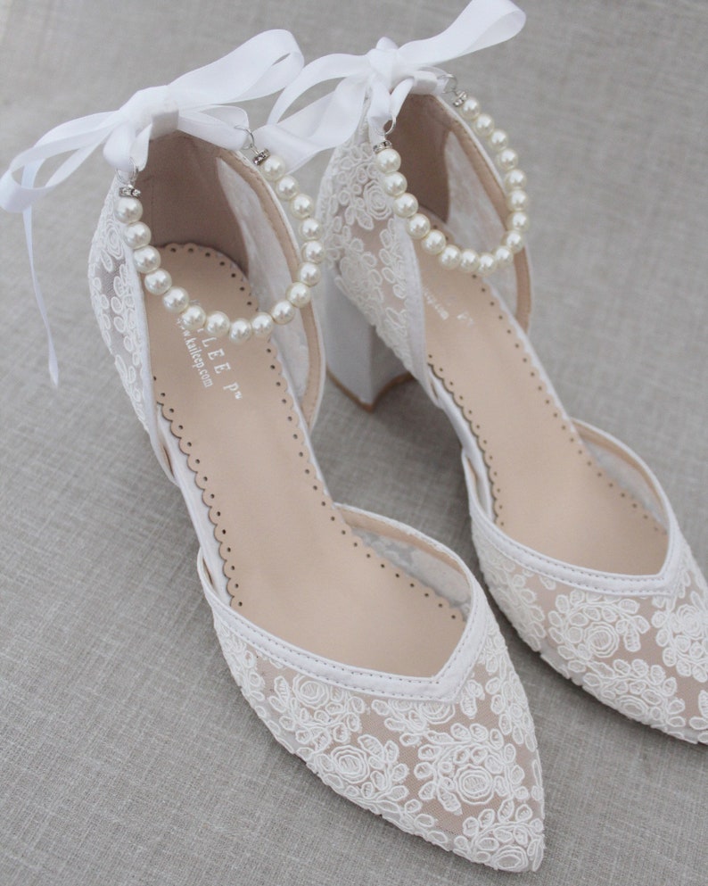 White Crochet Lace Almond Toe Block Heel With Pearl Ankle - Etsy