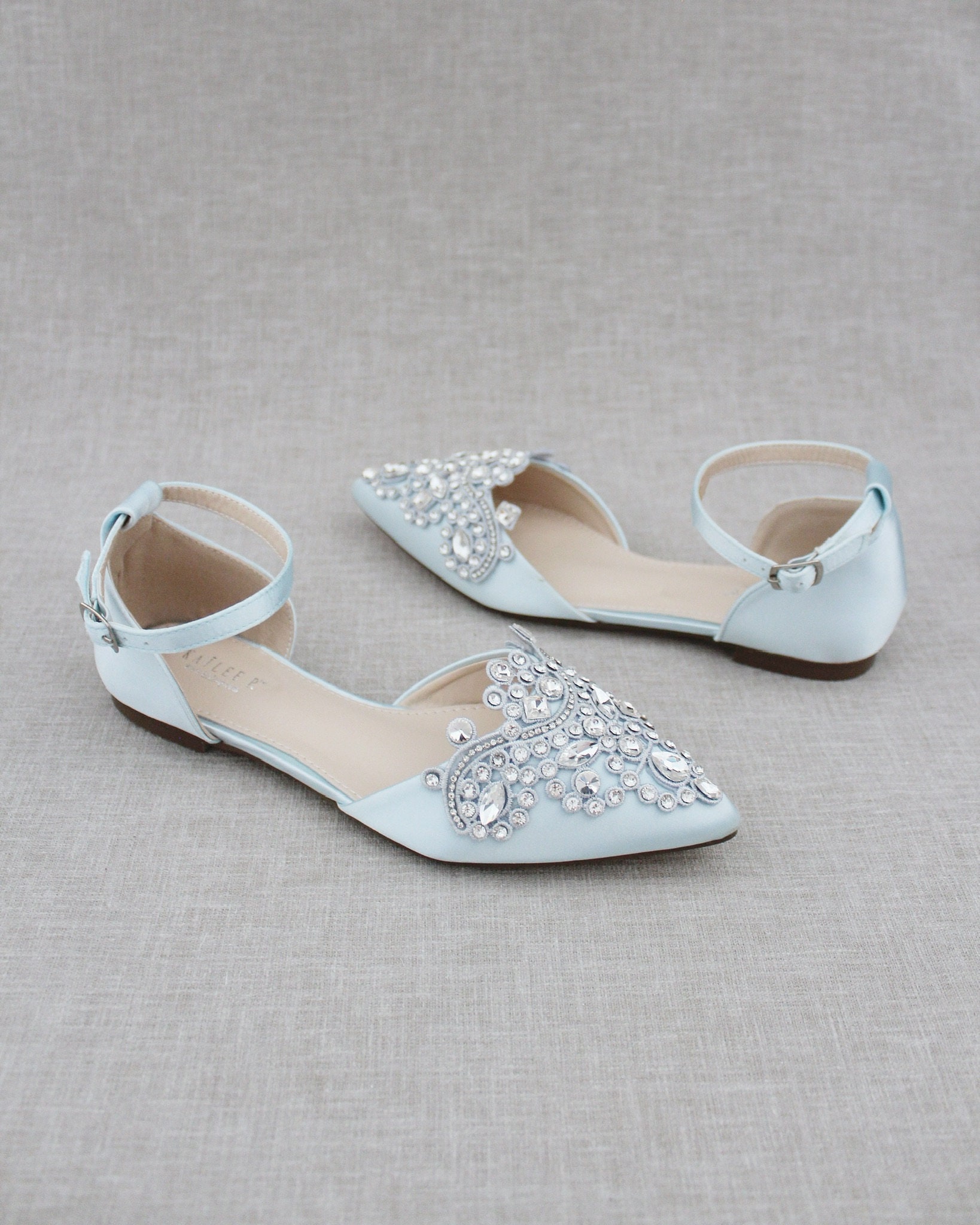 Light Blue Satin Pointy Toe Flats With Sparkly RHINESTONES - Etsy UK